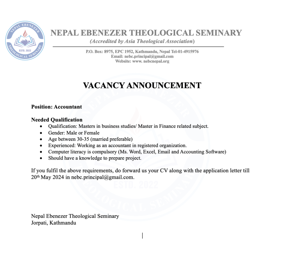 VACANCY ANNOUNCEMENT at NETS – NepalChurch.com